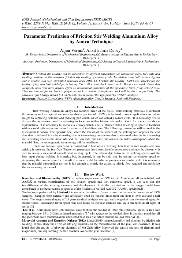 Pdf Parameter Prediction Of Friction Stir Welding Aluminium Alloy By