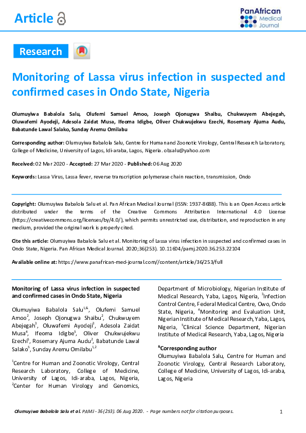 (PDF) Monitoring of lassa virus (LASV) infection in suspected and ...