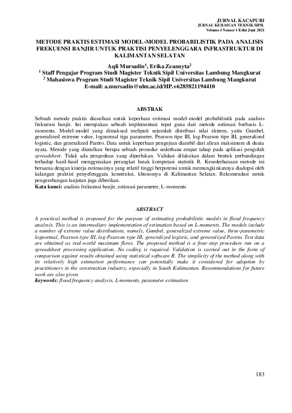(PDF) Metode Praktis Estimasi Model-Model Probabilistik Pada Analisis Frekuensi Banjir Untuk ...