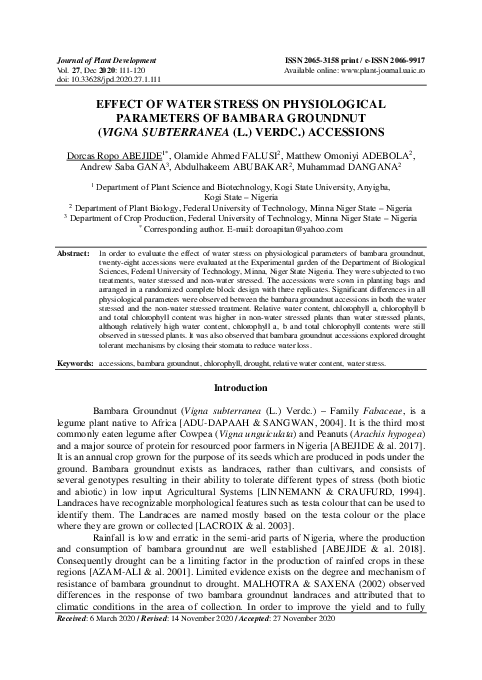 (PDF) Effect of Water Stress on Physiological Parameters of Bambara Groundnut (Vigna Subterranea ...