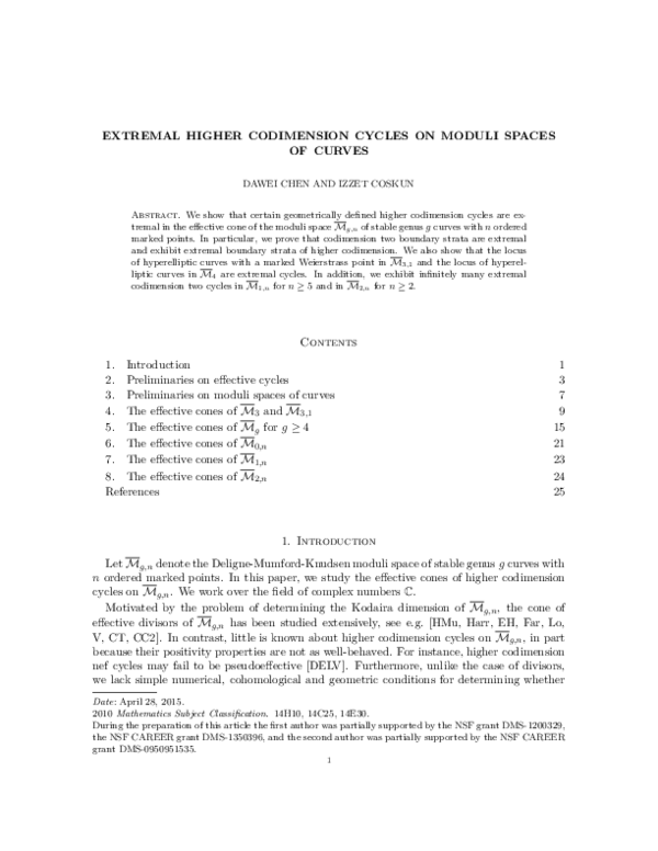 Pdf Extremal Higher Codimension Cycles On Moduli Spaces Of Curves Izzet Coskun