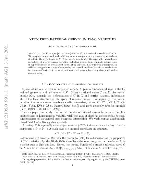(PDF) Normal Bundles of Rational Curves in Fano Varieties