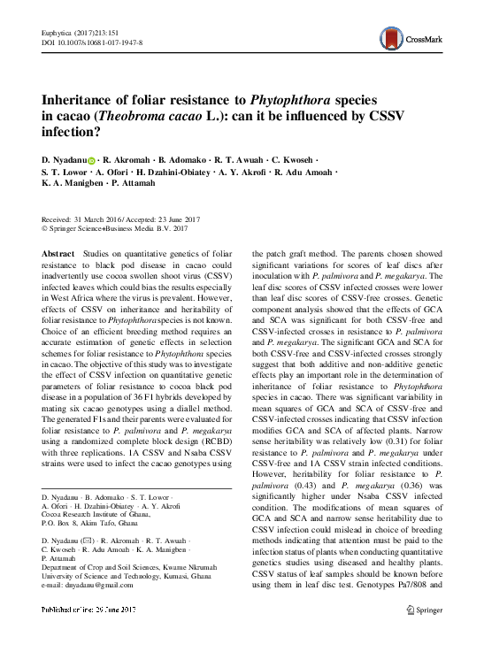 (PDF) Inheritance of foliar resistance to Phytophthora species in cacao ...