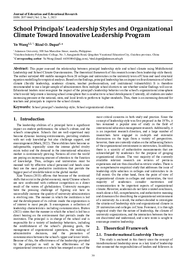 (PDF) School Principals’ Leadership Styles and Organizational Climate ...