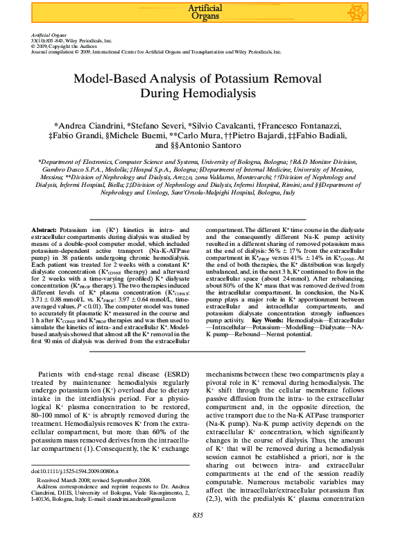 (PDF) Model-Based Analysis of Potassium Removal During Hemodialysis | Fabio Grandi - Academia.edu