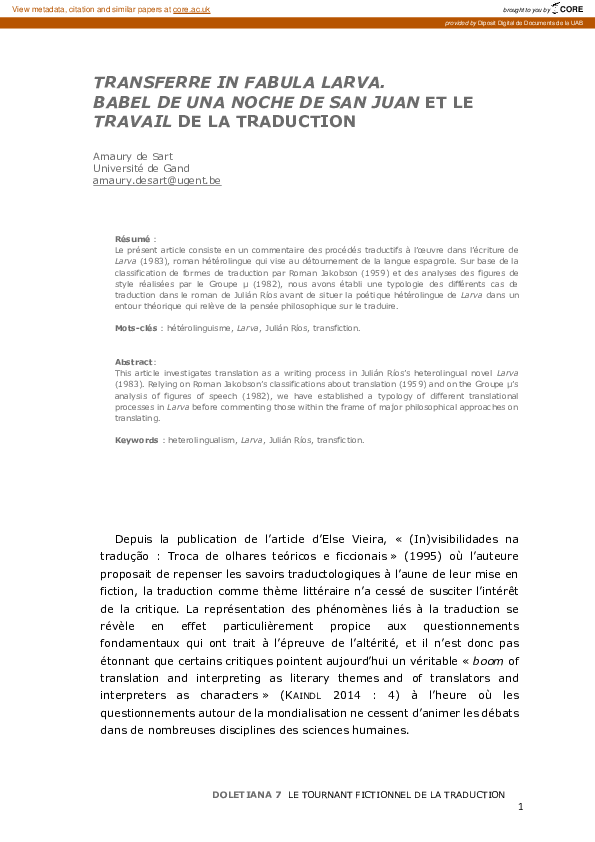 (PDF) Transferre in fabula larva: Babel de una noche de San Juan et le ...