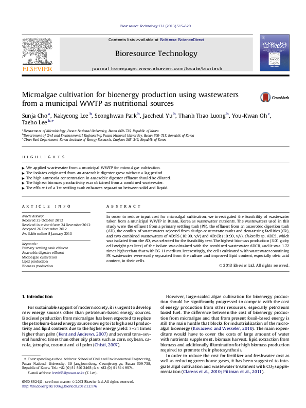 (PDF) Microalgae cultivation for bioenergy production using wastewaters from a municipal WWTP as ...