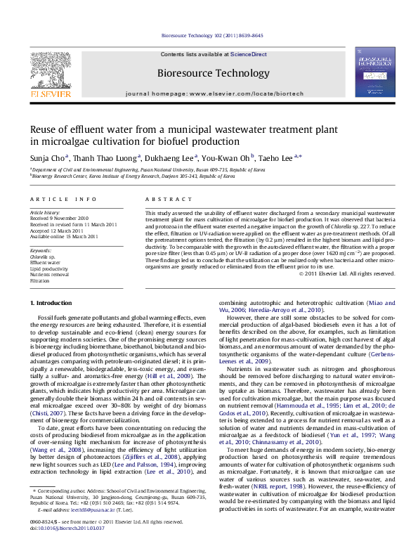 (PDF) Reuse of effluent water from a municipal wastewater treatment plant in microalgae ...