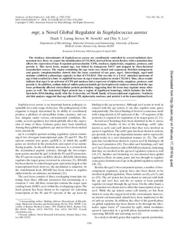 (PDF) mgr , a Novel Global Regulator in Staphylococcus aureus