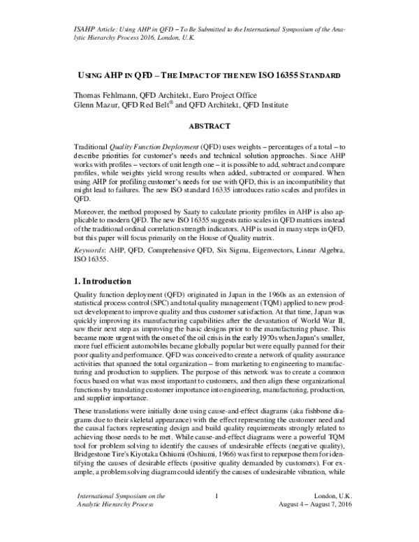 (PDF) Using Ahp in QFD - the Impact of the New Iso 16355 Standard