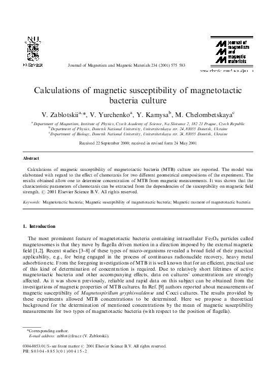 (PDF) Calculations of magnetic susceptibility of magnetotactic bacteria culture