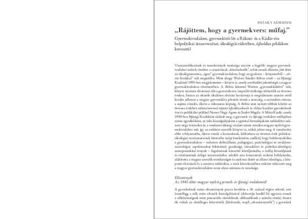 (PDF) Pataky Adrienn: „Rájöttem, hogy a gyermekvers: műfaj.” Gyermekirodalom, gyermekírói lét a ...