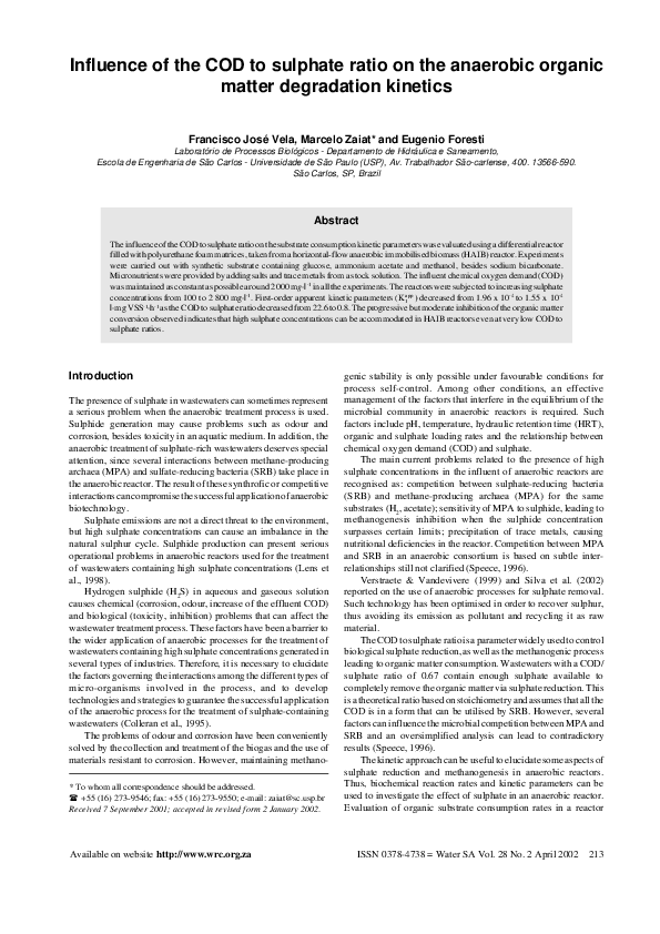 (PDF) Influence of the COD to sulphate ratio on the anaerobic organic ...