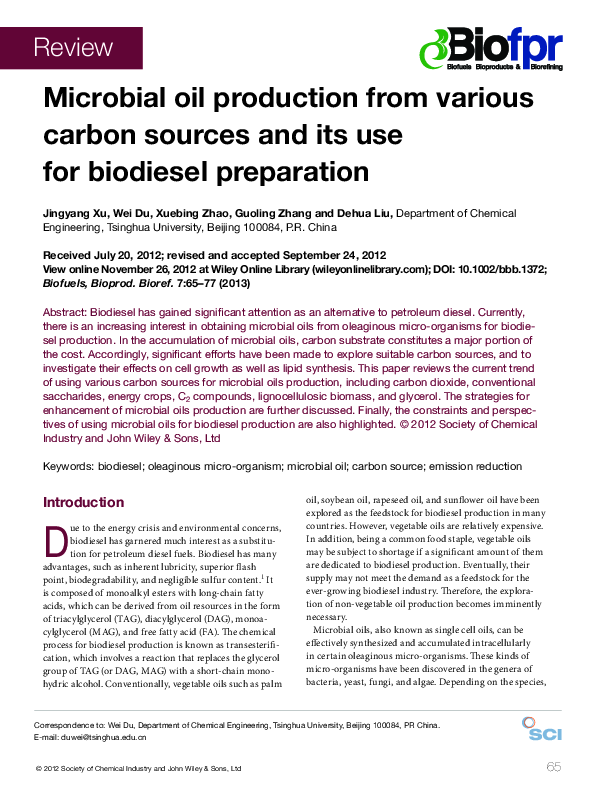 (PDF) Microbial oil production from various carbon sources and its use ...