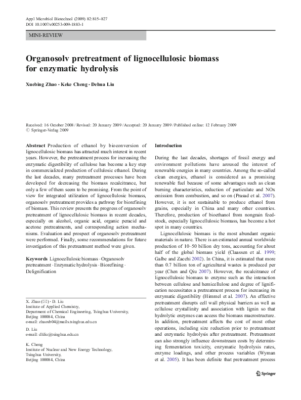 (PDF) Organosolv pretreatment of lignocellulosic biomass for enzymatic hydrolysis