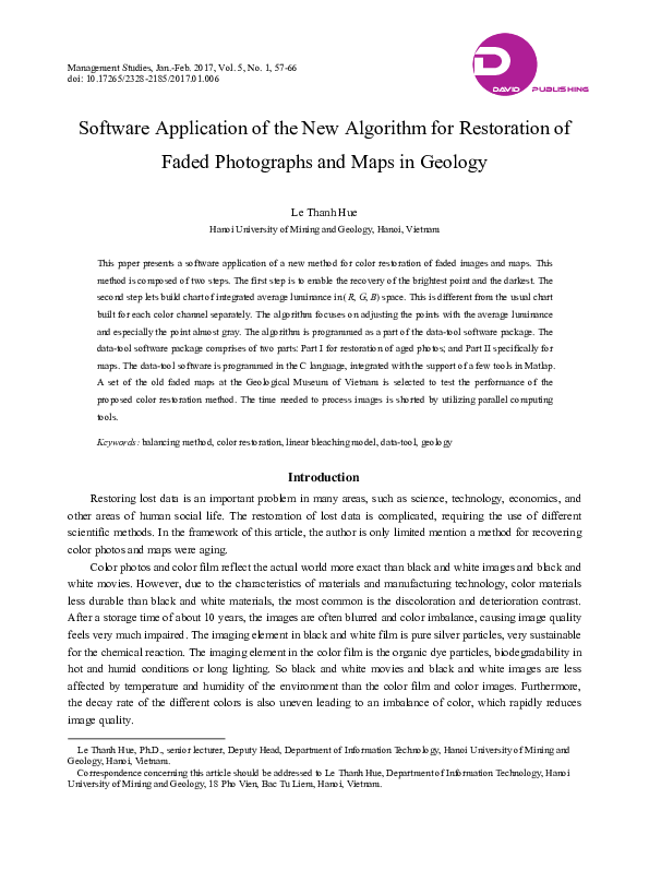 (PDF) Software Application of the New Algorithm for Restoration of Faded Photographs and Maps in ...