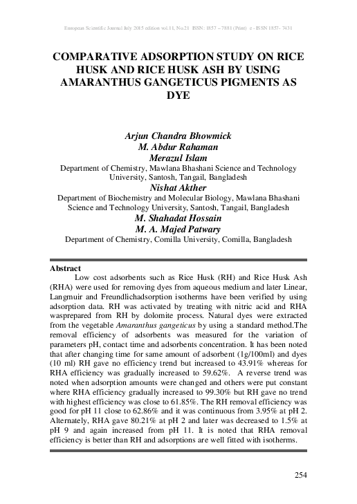 (PDF) Comparative Adsorption Study on Rice Husk and Rice Husk Ash by Using Amaranthus Gangeticus ...