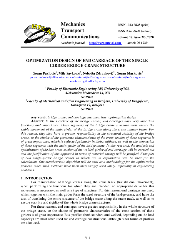 (PDF) OPTIMIZATION DESIGN OF END CARRIAGE OF THE SINGLE-GIRDER BRIDGE CRANE STRUCTURE | Goran ...