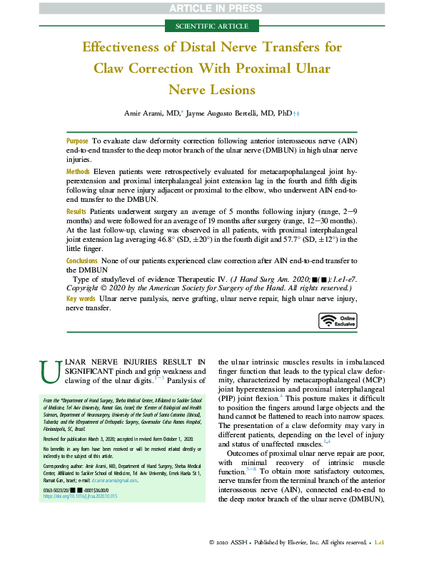 (PDF) Effectiveness of Distal Nerve Transfers for Claw Correction With Proximal Ulnar Nerve Lesions
