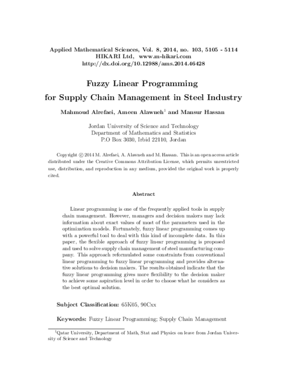 (PDF) Fuzzy linear programming for supply chain management in steel industry