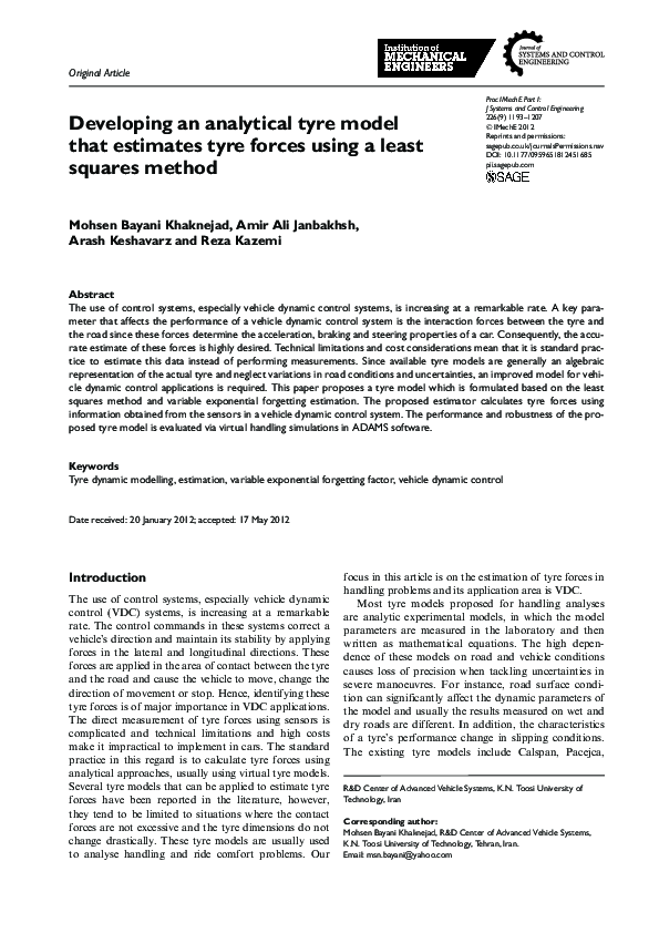 (PDF) Developing an analytical tyre model that estimates tyre forces ...