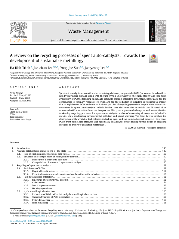 (PDF) A review on the recycling processes of spent auto-catalysts ...