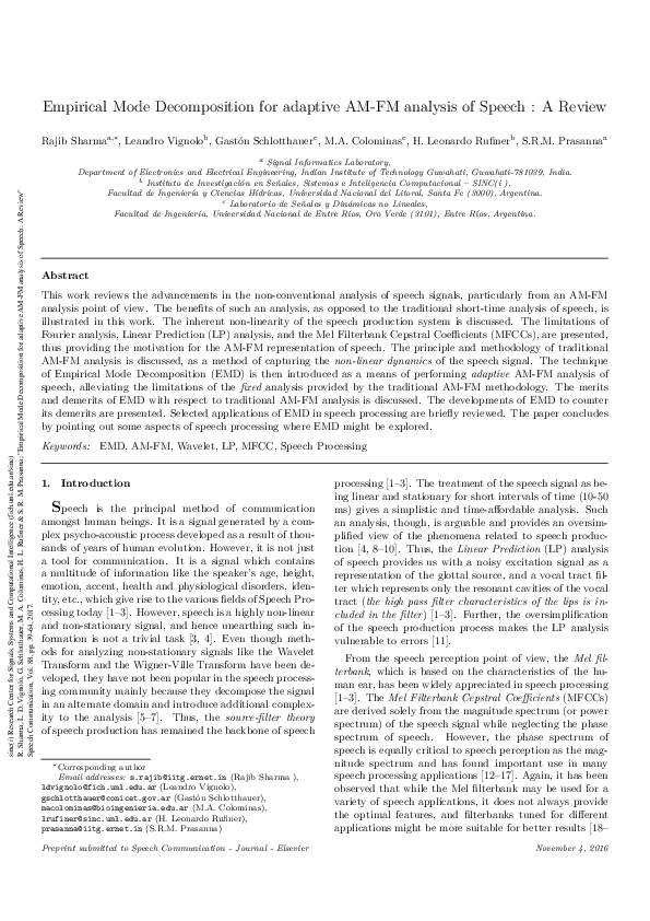 Pdf Empirical Mode Decomposition For Adaptive Am Fm Analysis Of Speech A Review 