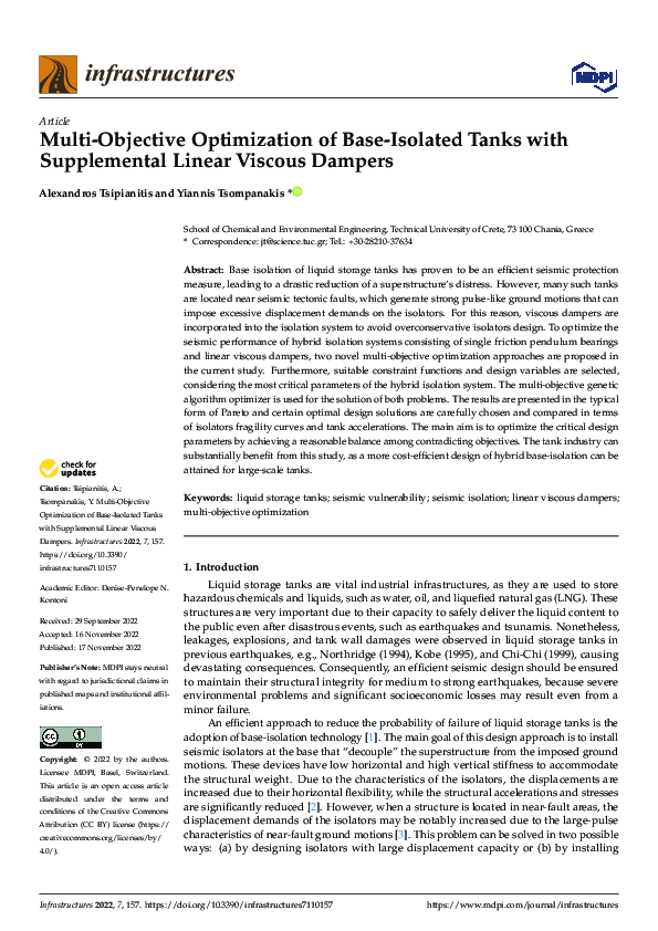(PDF) Multi-Objective Optimization of Base-Isolated Tanks with Supplemental Linear Viscous Dampers
