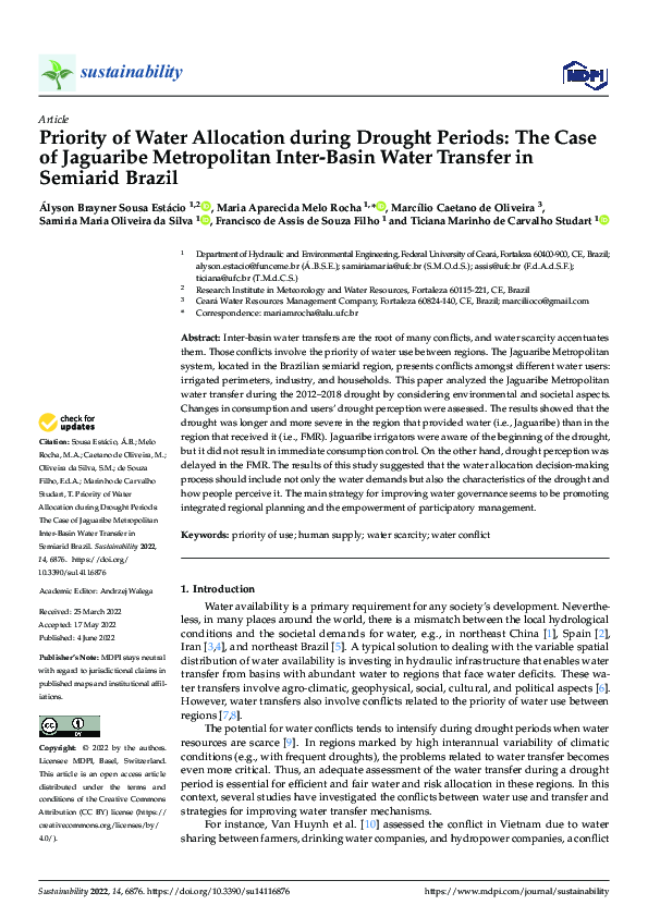 (PDF) Priority of Water Allocation during Drought Periods: The Case of Jaguaribe Metropolitan ...