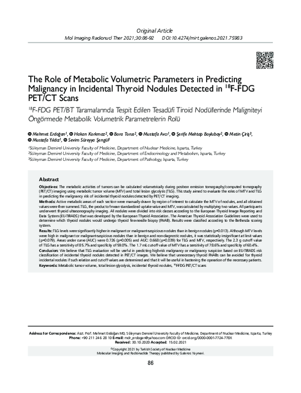 Pdf The Role Of Metabolic Volumetric Parameters In Predicting Malignancy In Incidental Thyroid