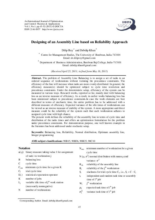 (PDF) Designing of an Assembly Line based on Reliability Approach