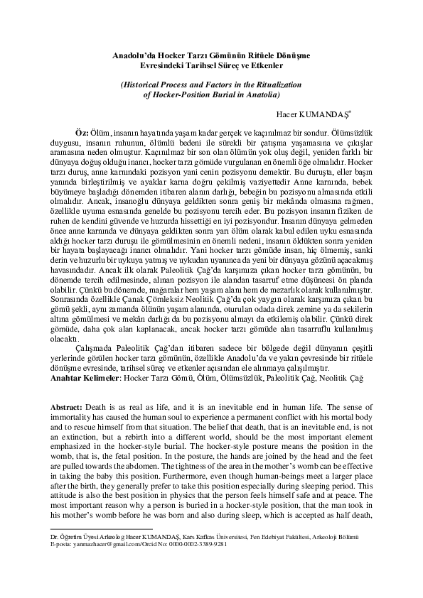 (PDF) Anadolu'da Hocker Tarzı Gömünün Ritüele Dönüşme Evresindeki ...