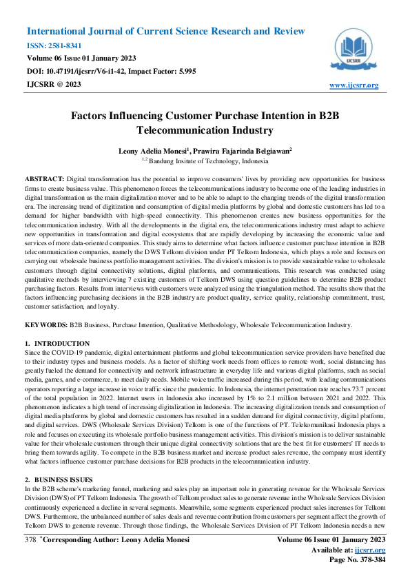 (PDF) Factors Influencing Customer Purchase Intention in B2B Telecommunication Industry