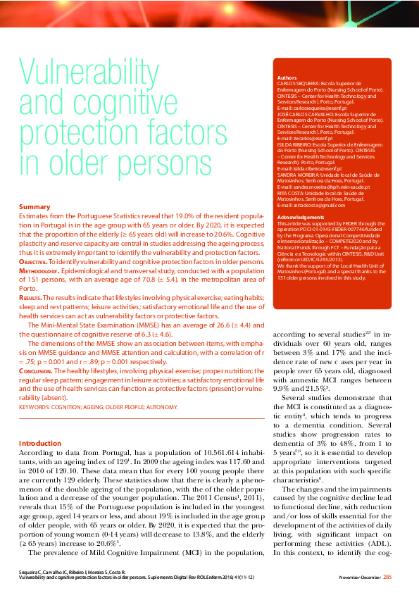 (PDF) Vulnerability and cognitive protection factors in older persons