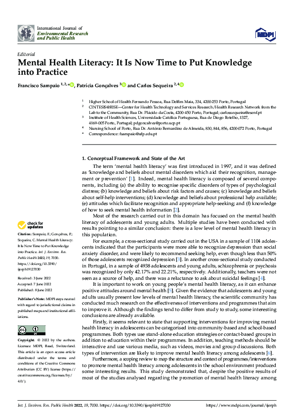 (PDF) Mental Health Literacy: It Is Now Time to Put Knowledge into Practice