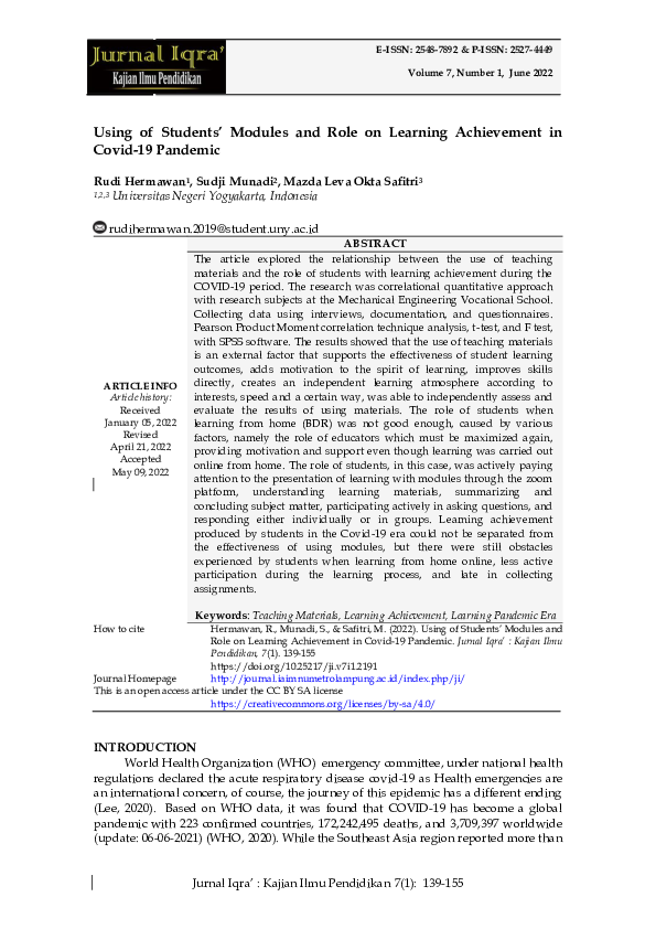 (PDF) Using of Students’ Modules and Role on Learning Achievement in ...