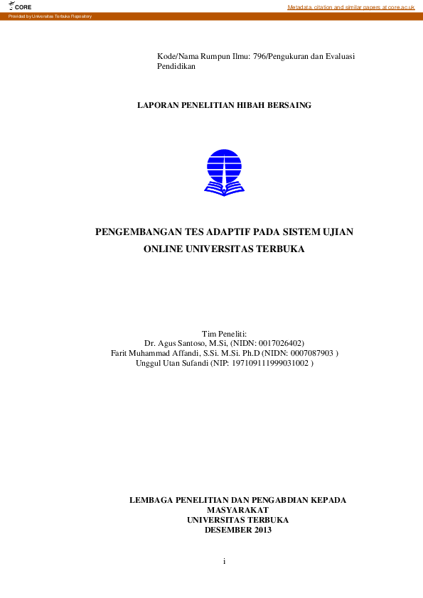 (PDF) Pengembangan Tes Adaptif Pada Sistem Ujian Online Universitas Terbuka