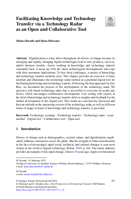 (PDF) Facilitating Knowledge and Technology Transfer via a Technology Radar as an Open and ...
