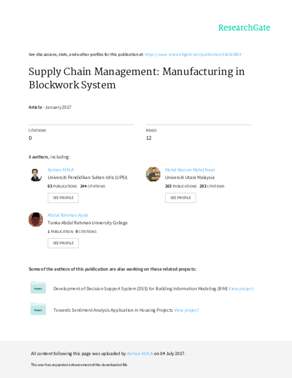 (PDF) Supply chain management: manufacturing in blockwork system