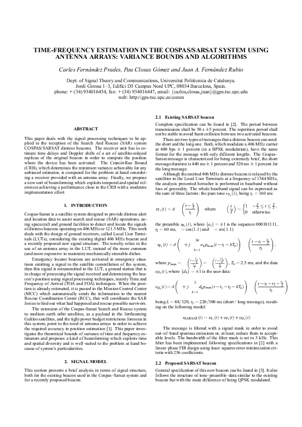 (PDF) Time-Frequency Estimation In The Cospas/Sarsat System Using Antenna Arrays: Variance ...