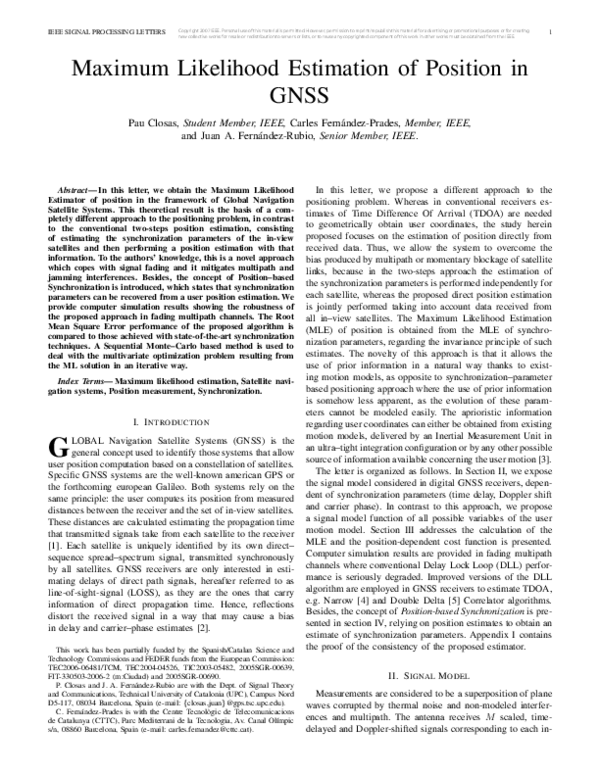 (PDF) Maximum Likelihood Estimation of Position in GNSS