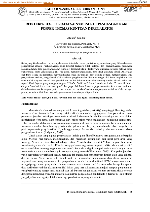 (PDF) Reinterpretasi Filsafat Sains Menurut Pandangan Karl Popper, Thomas Kunt Dan Imre Lakatos