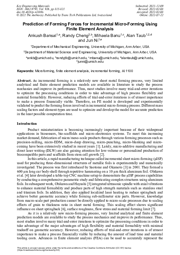 Pdf Prediction Of Forming Forces For Incremental Micro Forming Using Finite Element Analysis