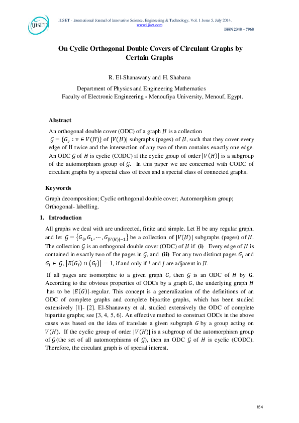 (PDF) On Cyclic Orthogonal Double Covers of Circulant Graphs by Certain ...