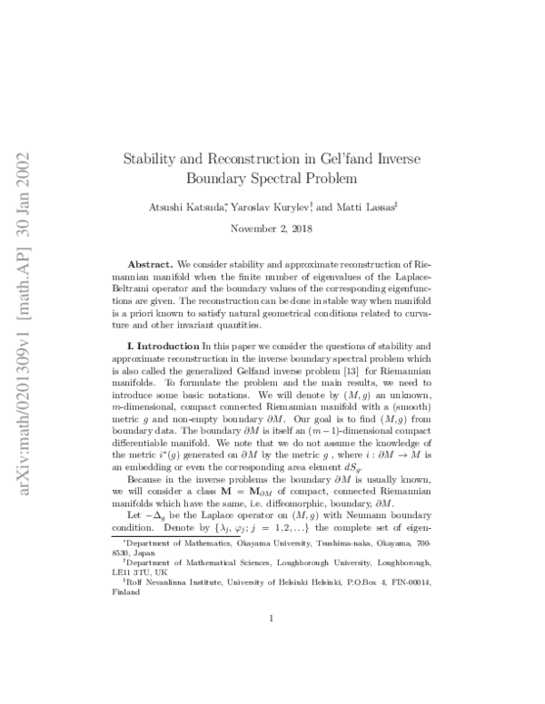 (PDF) Stability and Reconstruction in Gel’fand Inverse Boundary ...