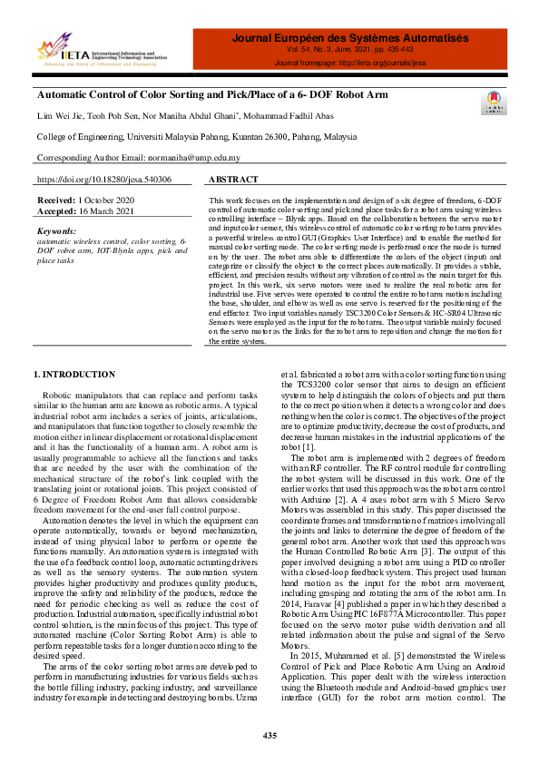 Pdf Automatic Control Of Color Sorting And Pickplace Of A 6 Dof Robot Arm