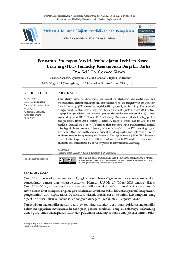 (PDF) Pengaruh Penerapan Model Pembelajaran Problem Based Learning (PBL) Terhadap Kemampuan ...