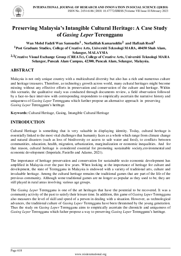 (PDF) Preserving Malaysia’s Intangible Cultural Heritage A Case Study