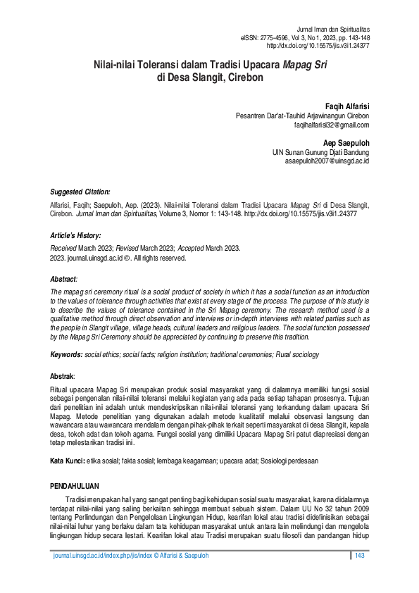 (PDF) Nilai-nilai Toleransi dalam Tradisi Upacara Mapag Sri di Desa Slangit, Cirebon