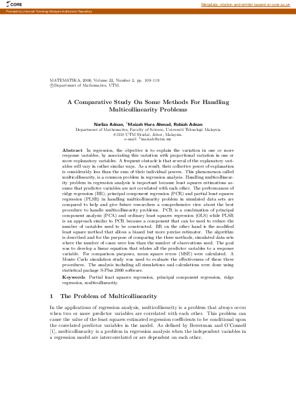 (PDF) A Comparative Study On Some Methods For Handling Multicollinearity Problems